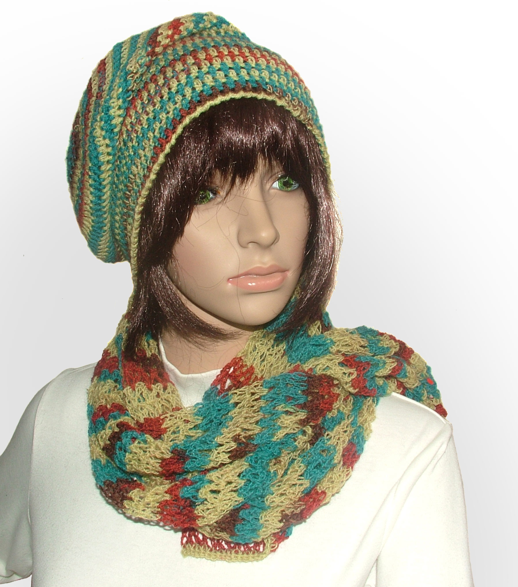 Crochet Slouchy Beanie & Lacey Scarf Set in Variegated Multi-colour ...